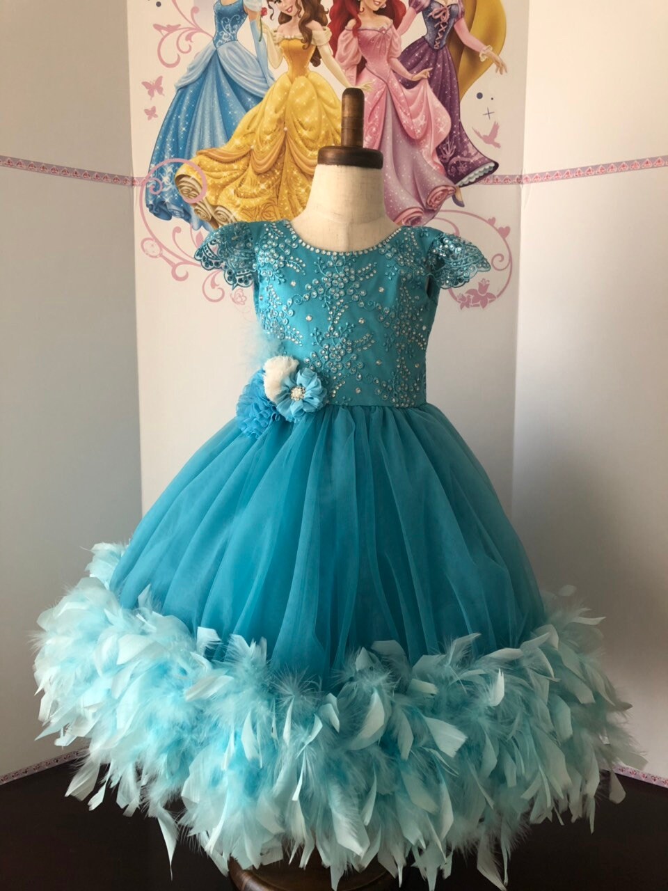 Turquoise Blue Aqua Pageant Dress With Feathers Easter Fun | Etsy