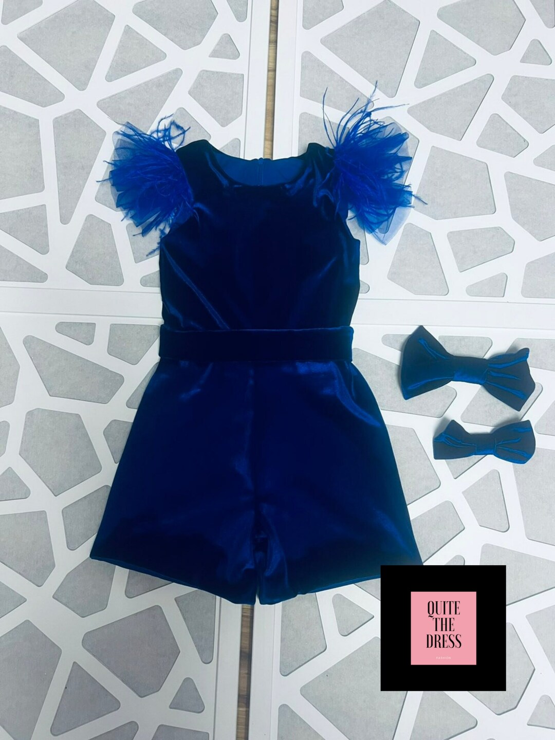 Royal Blue Velvet Romper Pageant Outfit Girls Feather Casual Wear ...