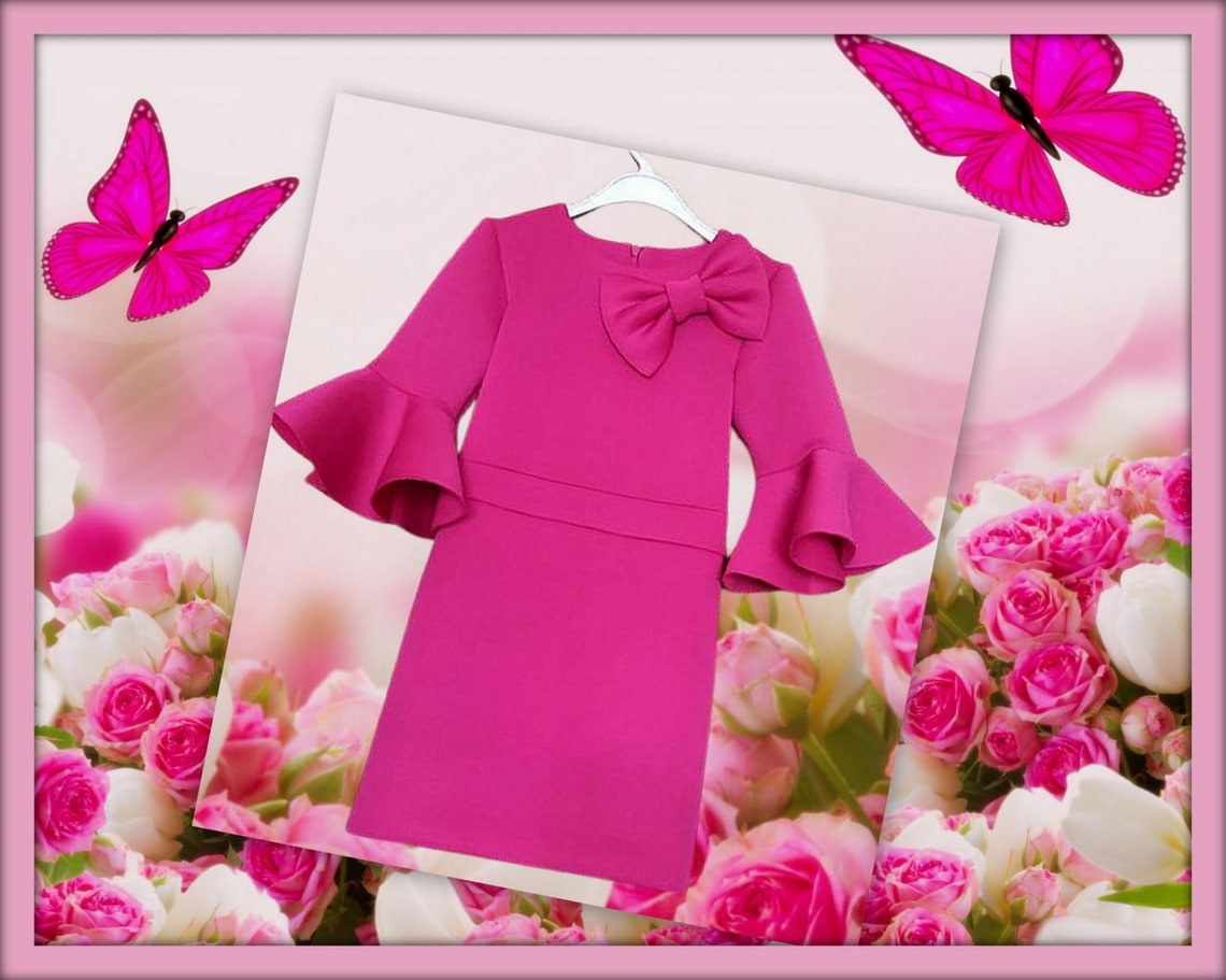 Hot Pink Interview Pageant Dress With Sleeve Girls Casual - Etsy