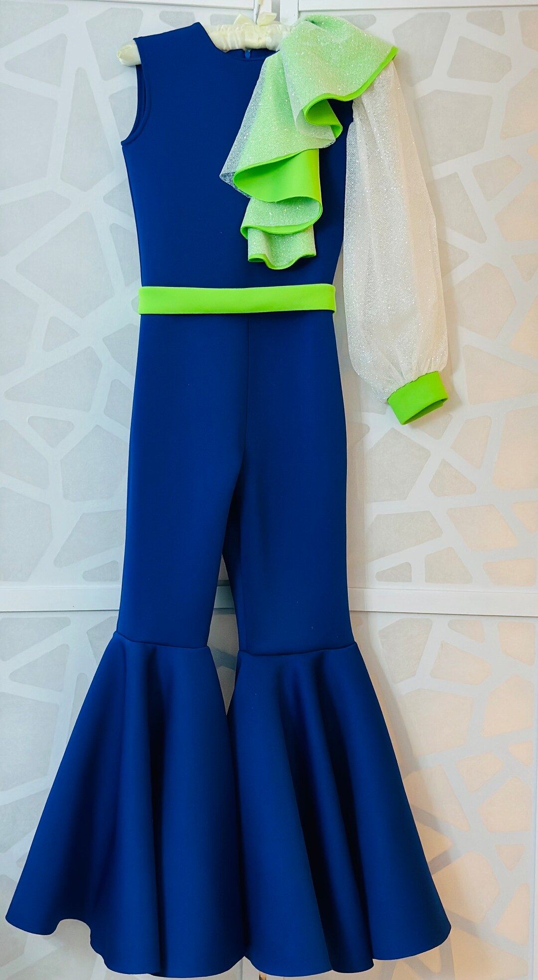 Royal Blue Neon Gree Outfit Pageant Ruffles Girls Neoprene Jumpsuit ...