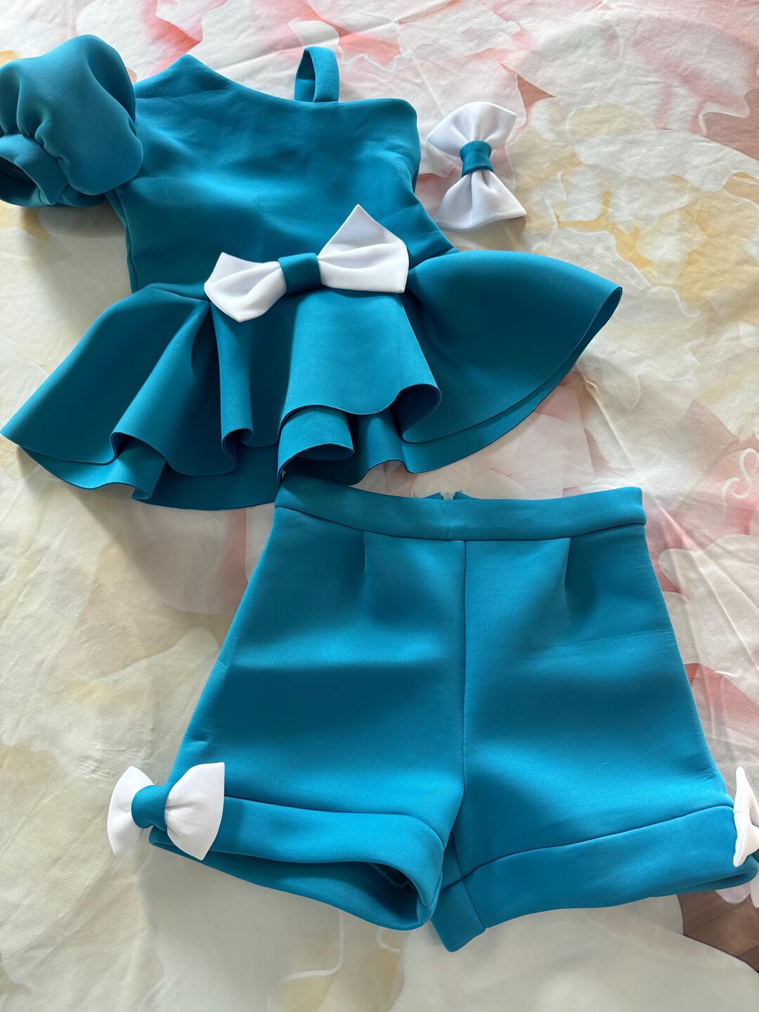 Unique Teal Turquoise White 2 Pieces Outfit Pageant Girls Neoprene ...