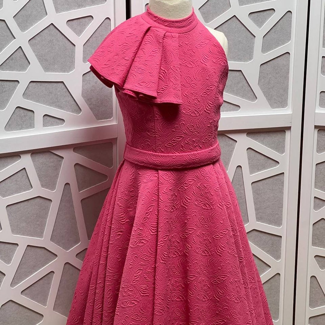 Hot Pink Interview Pageant Dress Girls Neoprene Fluffy Sleeves Dress ...