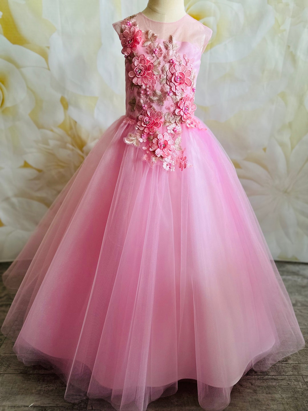 Pink Flowers Pageant Prom Girls Dress Girls Ball Gown Party Birthday ...