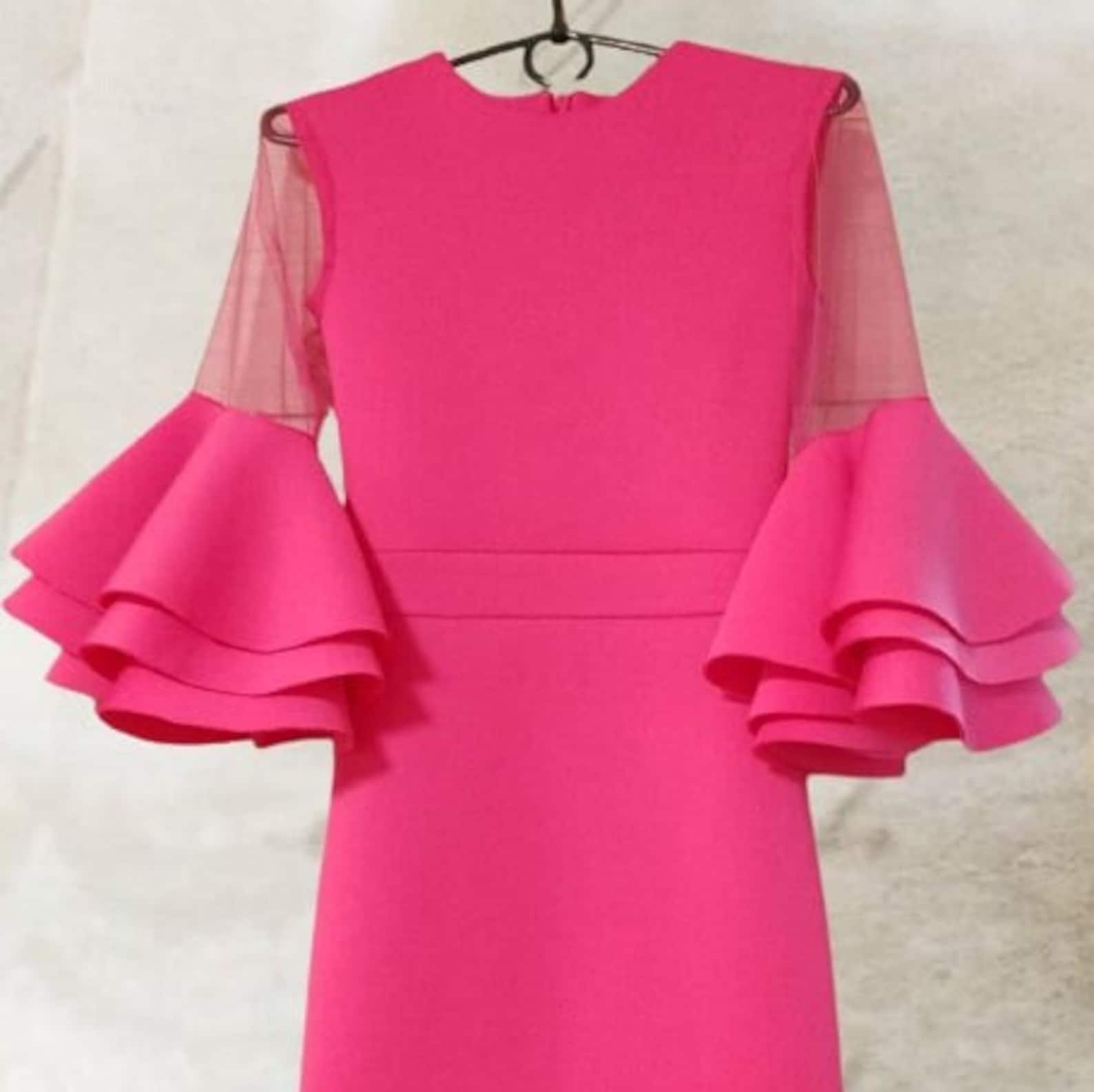 Hot Pink Interview Pageant Dress Girls Neoprene Fluffy Sleeves Dress ...