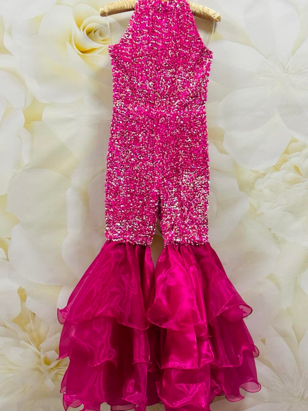 Hot Pink Sparkly Jumpsuit Pageant Outfit Girls Sequins Organza Fuchsia ...