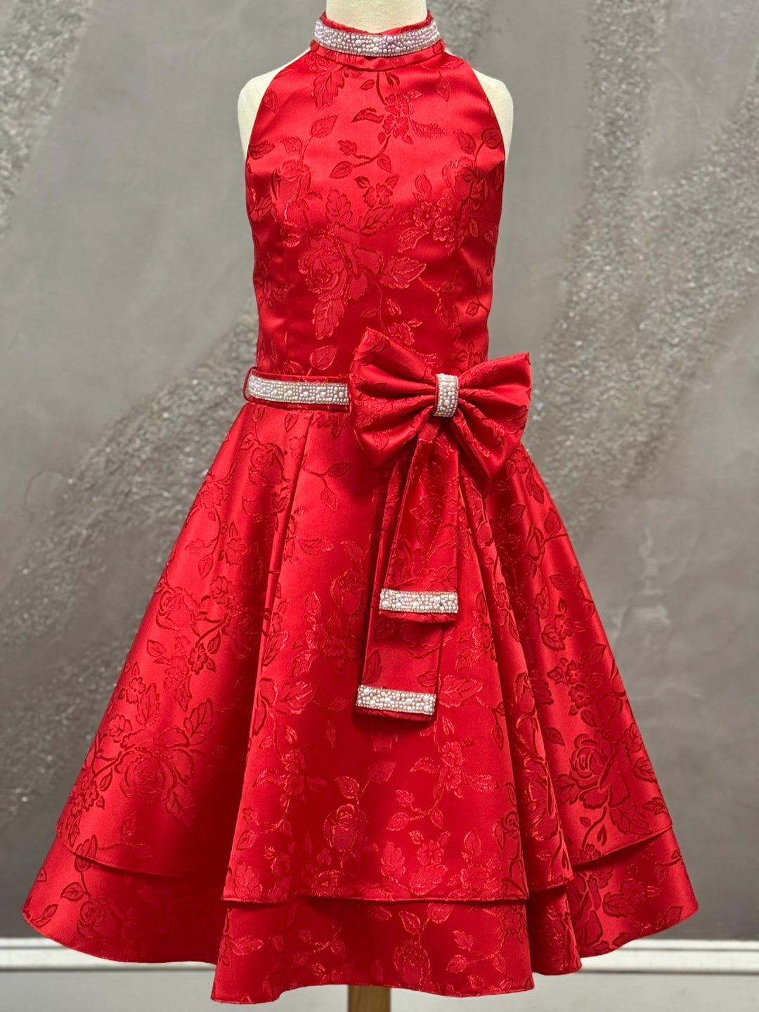 Red Satin Jacquard Interview Dress Pageant Dress With Bow Girls Satin ...