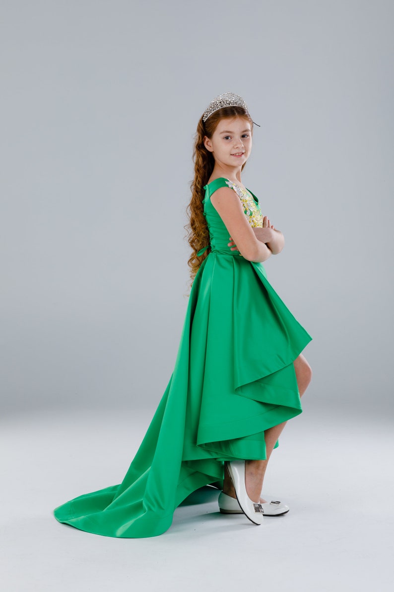 Green Pageant Fun Fashion Outfit With Train High Low Pageant | Etsy