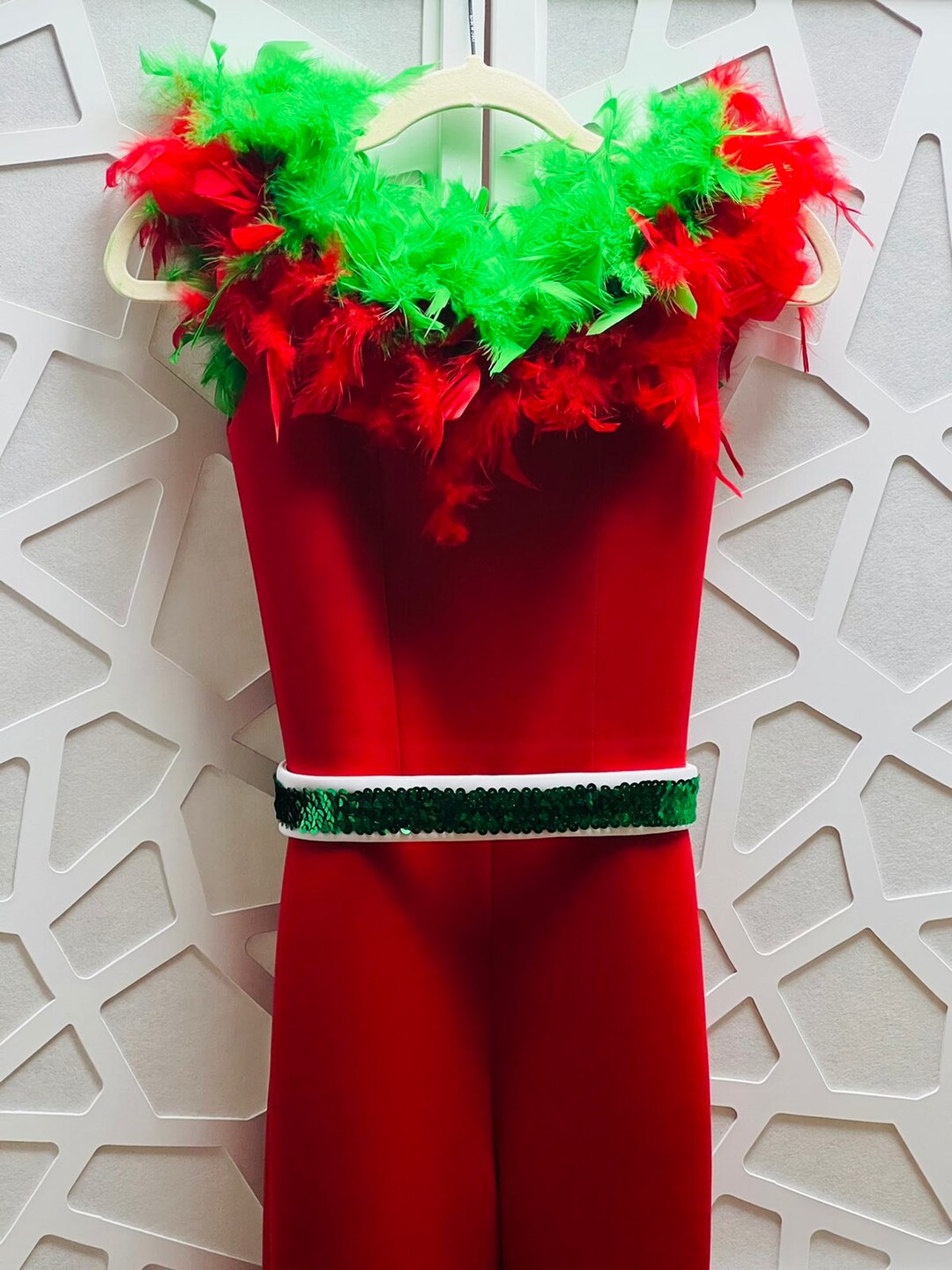 Christmas Outfit With Feathers Christmas Jumpsuit Pageant Red Green ...