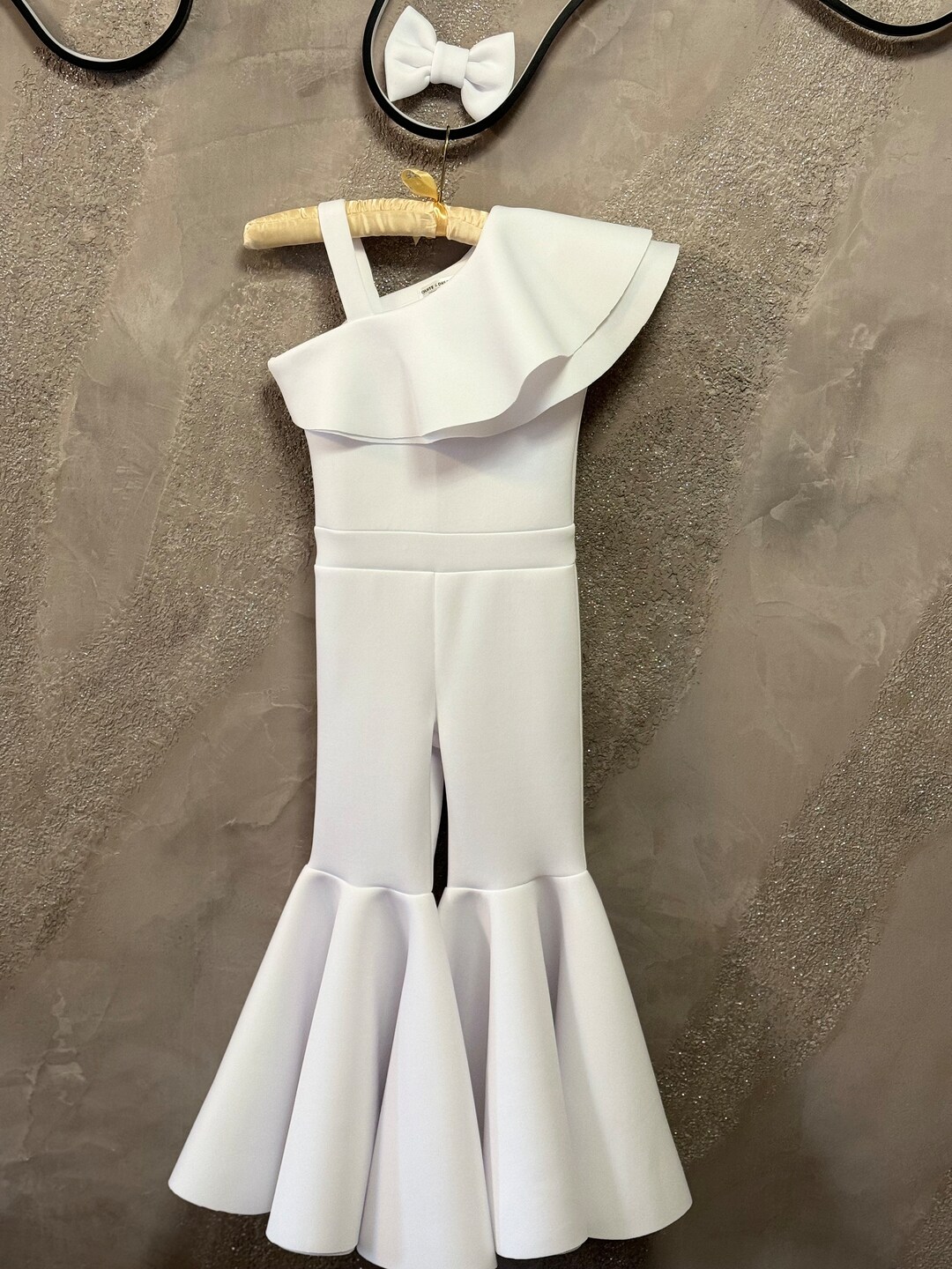 White Interview Jumpsuit Pageant Ruffles Outfit Girls Neoprene Jumpsuit ...