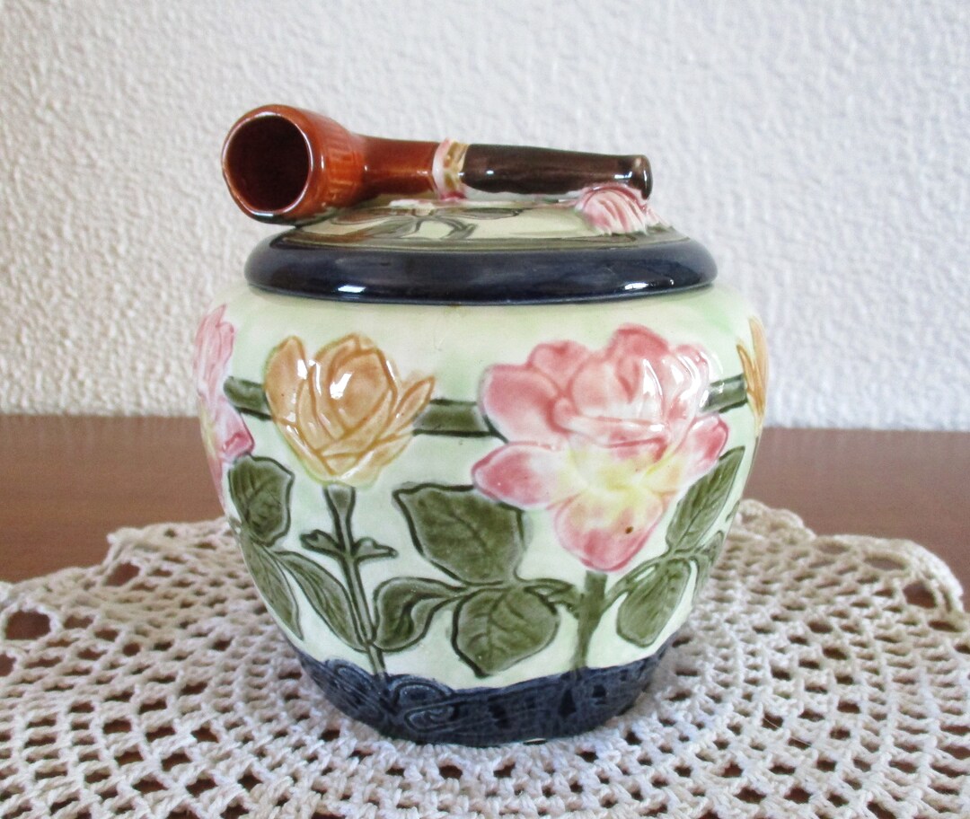 Vintage Ceramic Tobacco Jar, Pipe on Lid Flowered Jar - Etsy