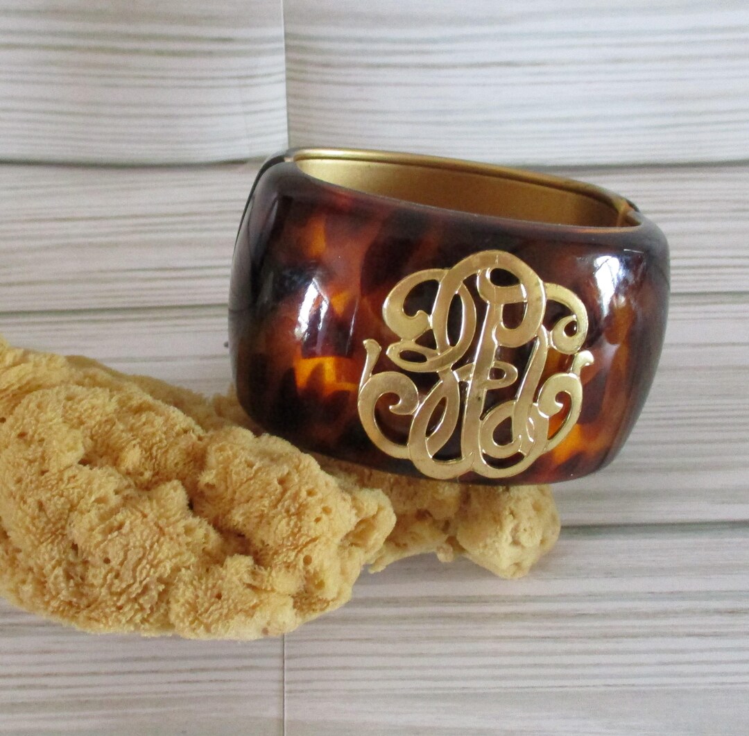 Vintage Faux Tortoise Shell Bangle Bracelet, Faux Monogram Hinged Cuff ...