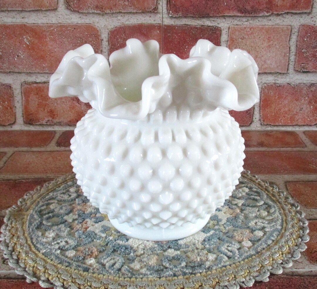 Vintage Ruffle Edge Hobnail Vase, Fenton Milk Glass Ruffle Edge Hobnail ...