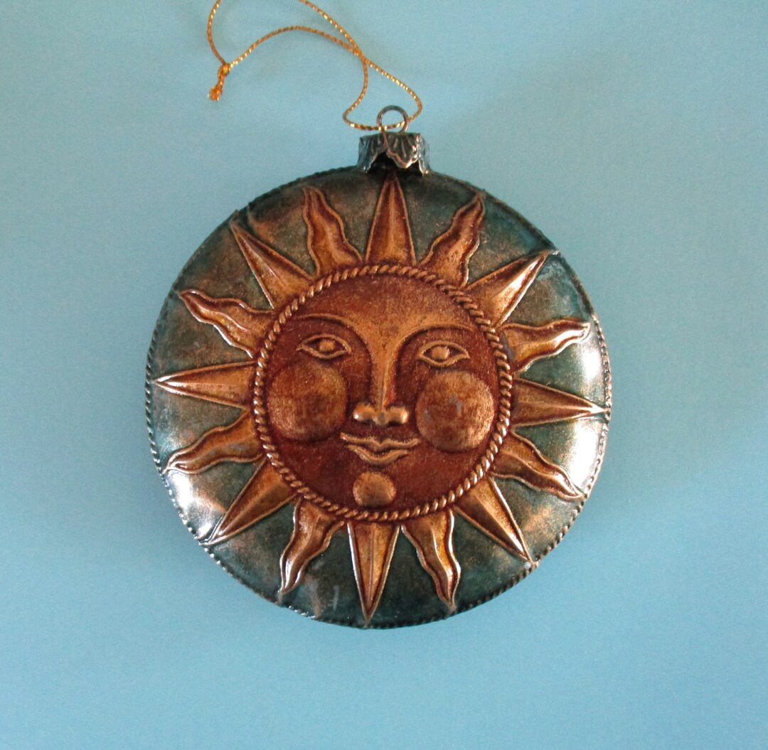 Metal Sun Face Ornament, Teal and Coppery Gold Sun Christmas Ornament ...