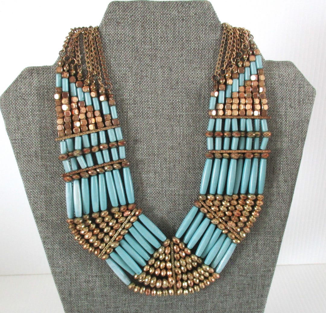 Vintage Cleopatra Style Bib Necklace. Gold Tone and Blue Collar ...