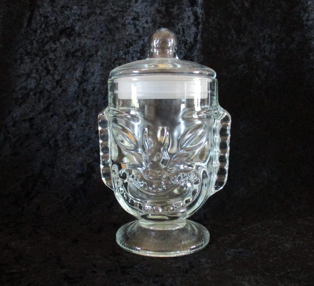 Vintage Two Faced Large Tiki Glass With Lid, Glass Tiki Jar Candy Dish ...