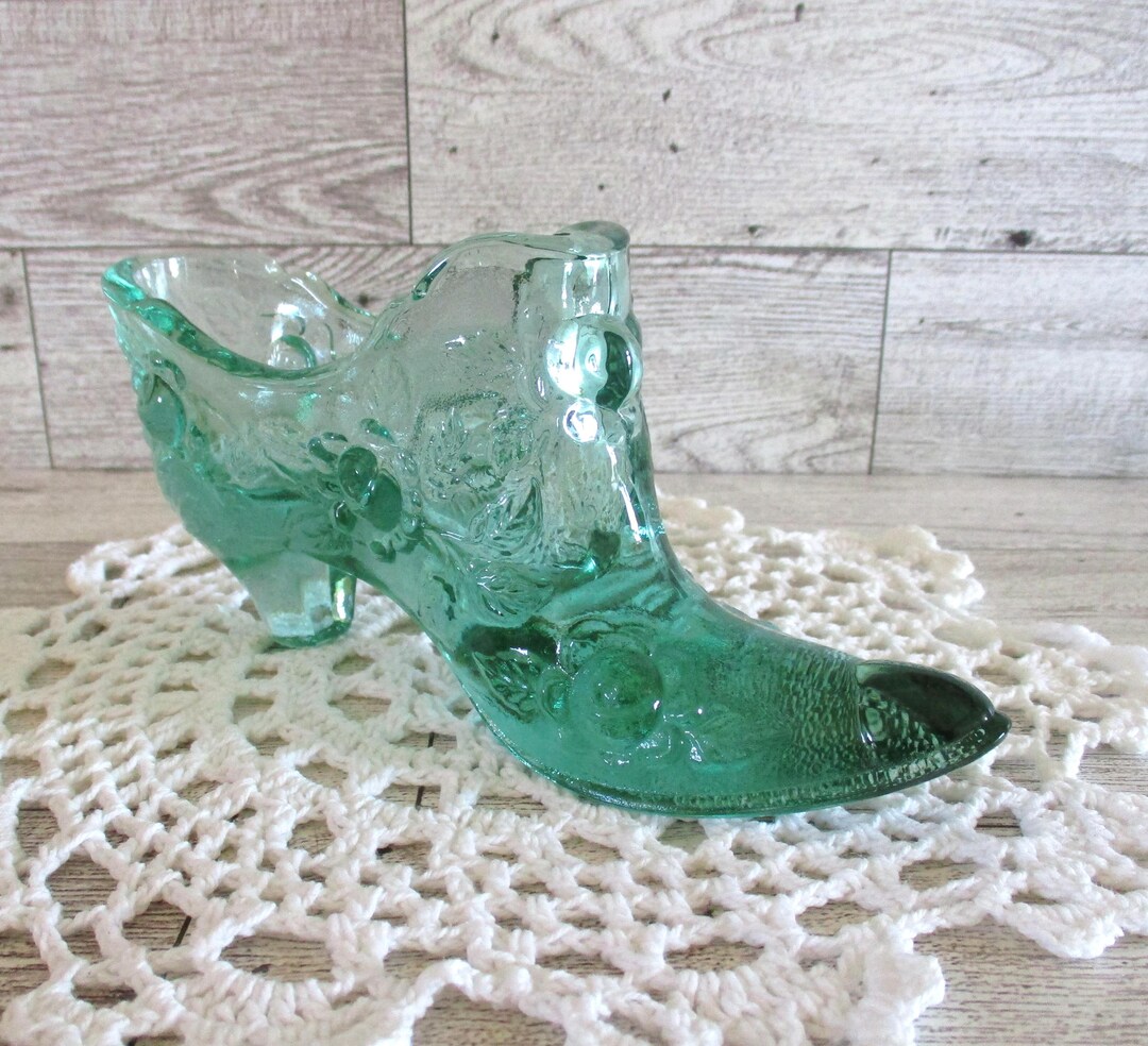Vintage Green Blue Glass Shoe, Rose Pattern Glass Slipper Shoe ...