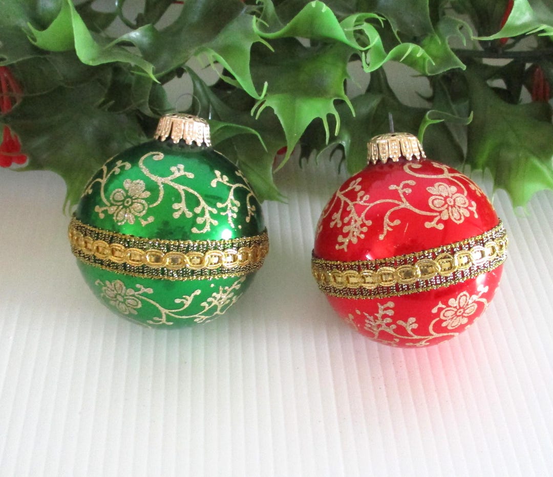 Vintage Glass Christmas Ornaments, Set of 2, Red, Green and Gold ...