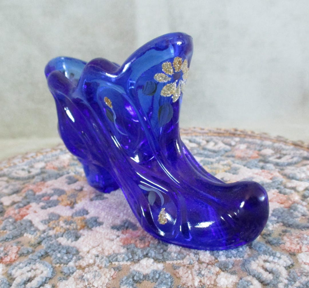 Vintage Fenton Cobalt Blue Glass Shoe, Handpainted Glass Shoe, Signed S ...
