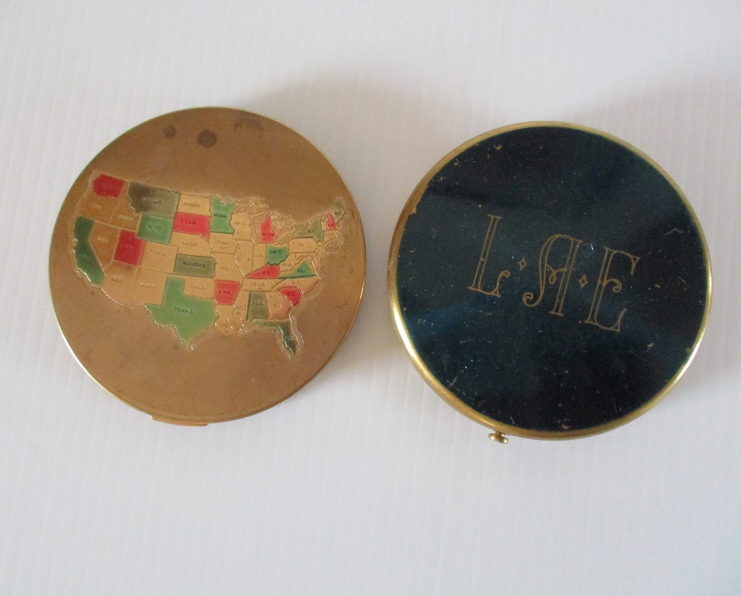 Set of 2 Vintage Compacts, USA Map Compact, Monogramed Compact, Dorset ...
