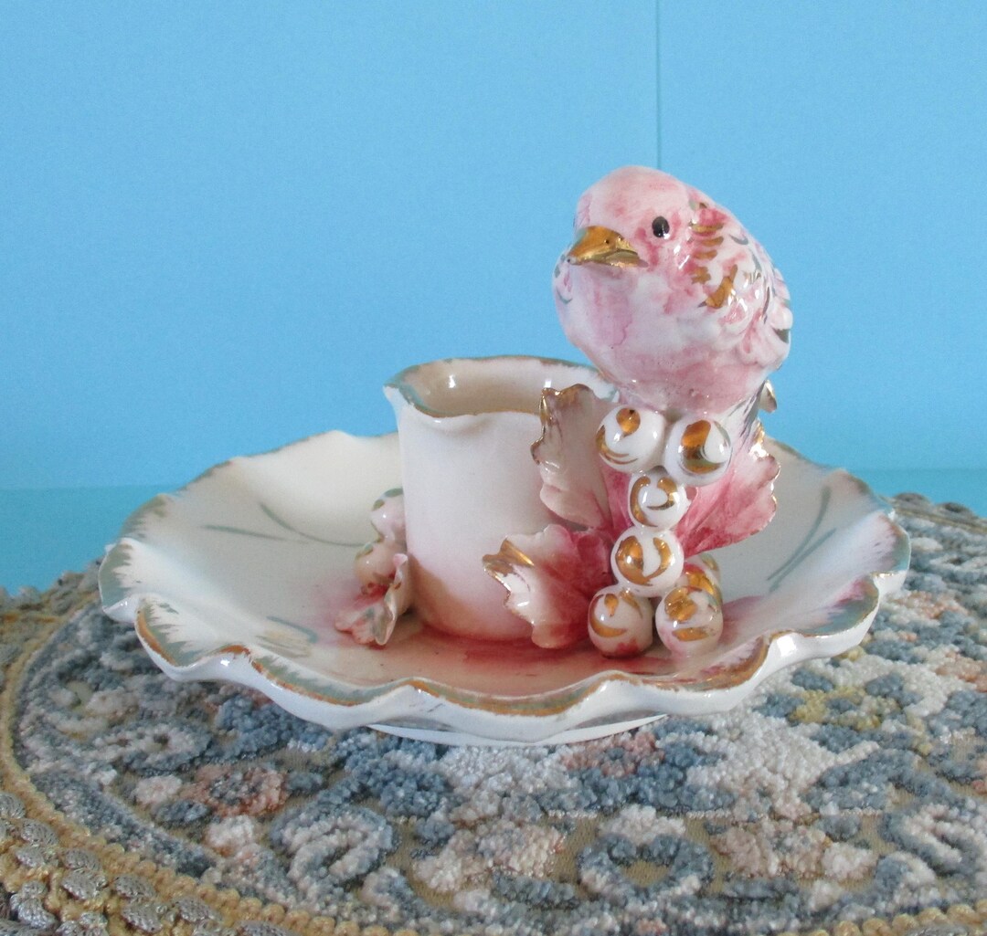 Vintage Italian Pink Bird Candle Holder, Pink Gold and White Bird ...