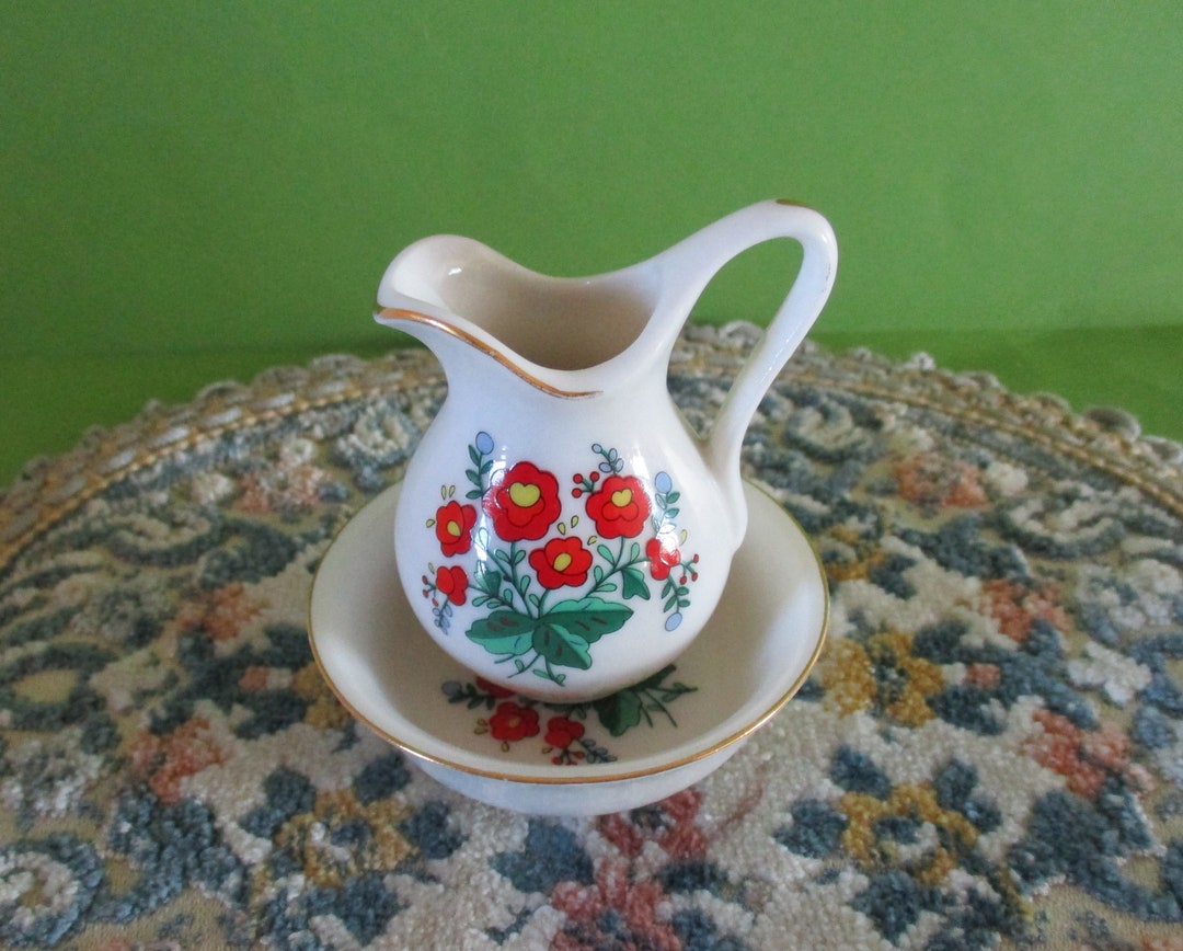 Miniature Pitcher and Bowl, Small Red Floral Small Ceramic Pitcher Bowl ...