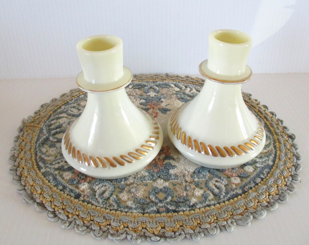 Vintage Wheatonware Custard Glass Candle Holders, Gold Accented Glass ...