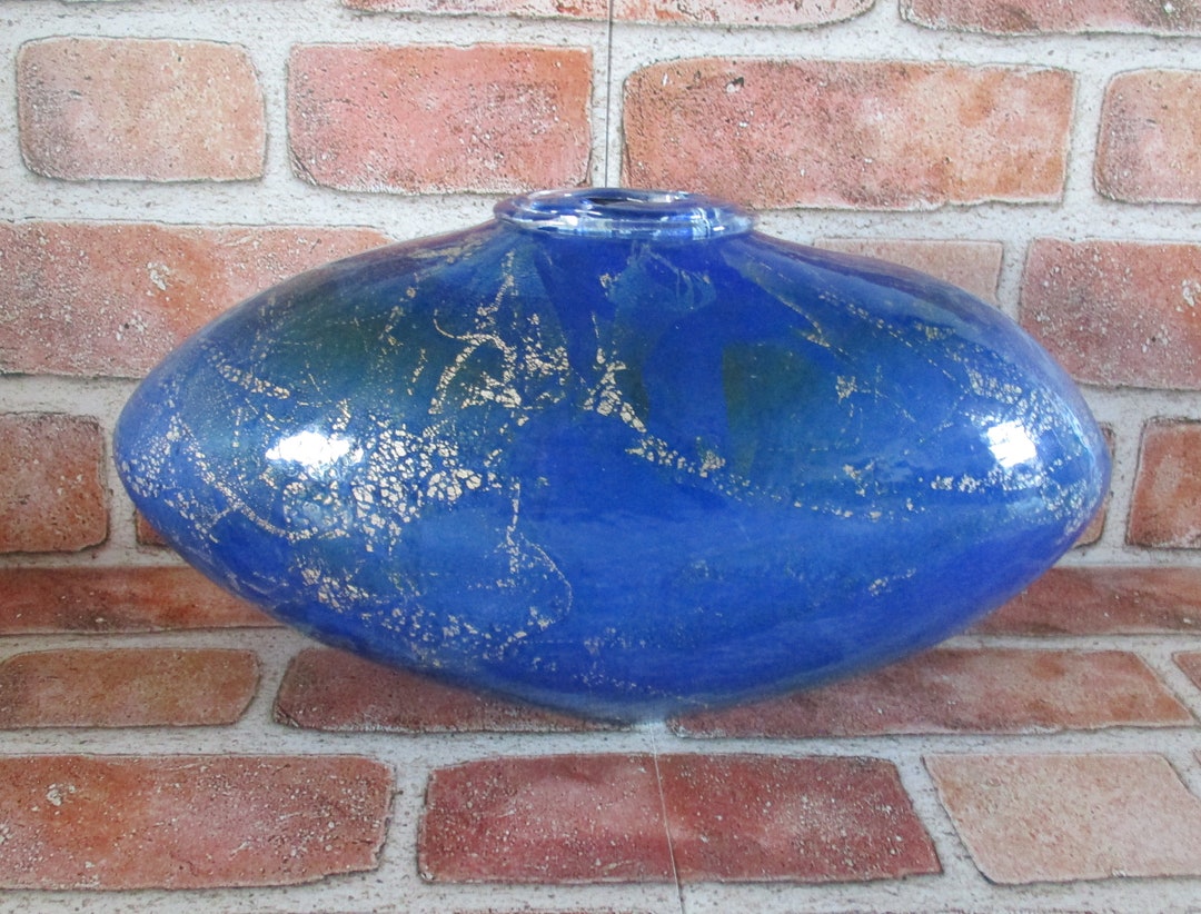 Vintage Heavy Blue and Gold Leaf Blown Glass Vase , Charlie Meaker Blue ...