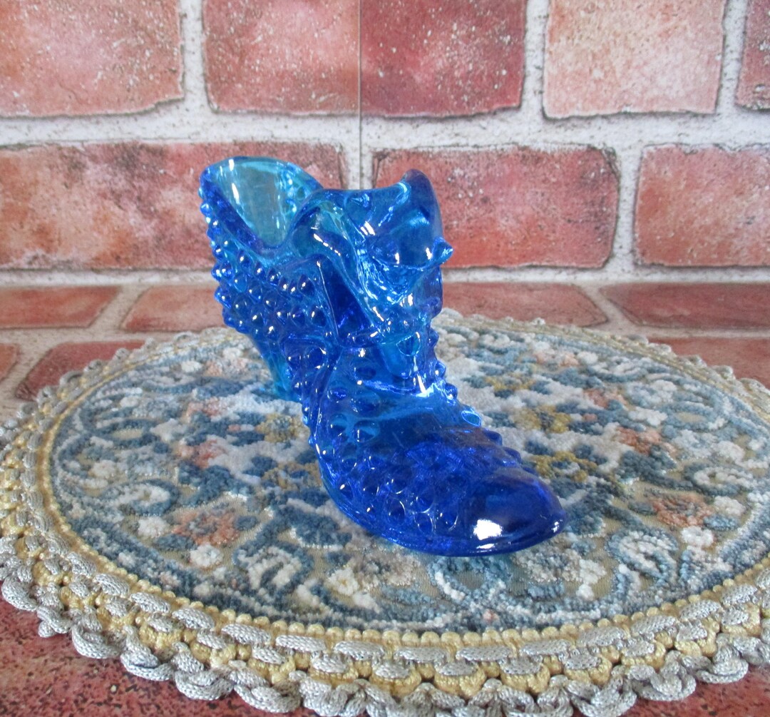 Vintage Fenton Blue Glass Shoe, Hobnail Royal Blue Glass Cat Slipper ...