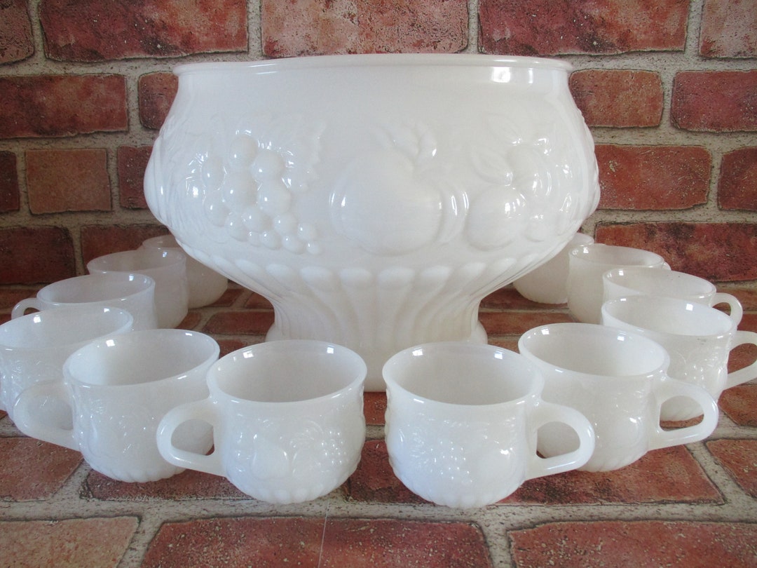 Vintage 1960s Milk Glass Punch Bowl Set, Large Bowl With 12 Cups, Fruit ...