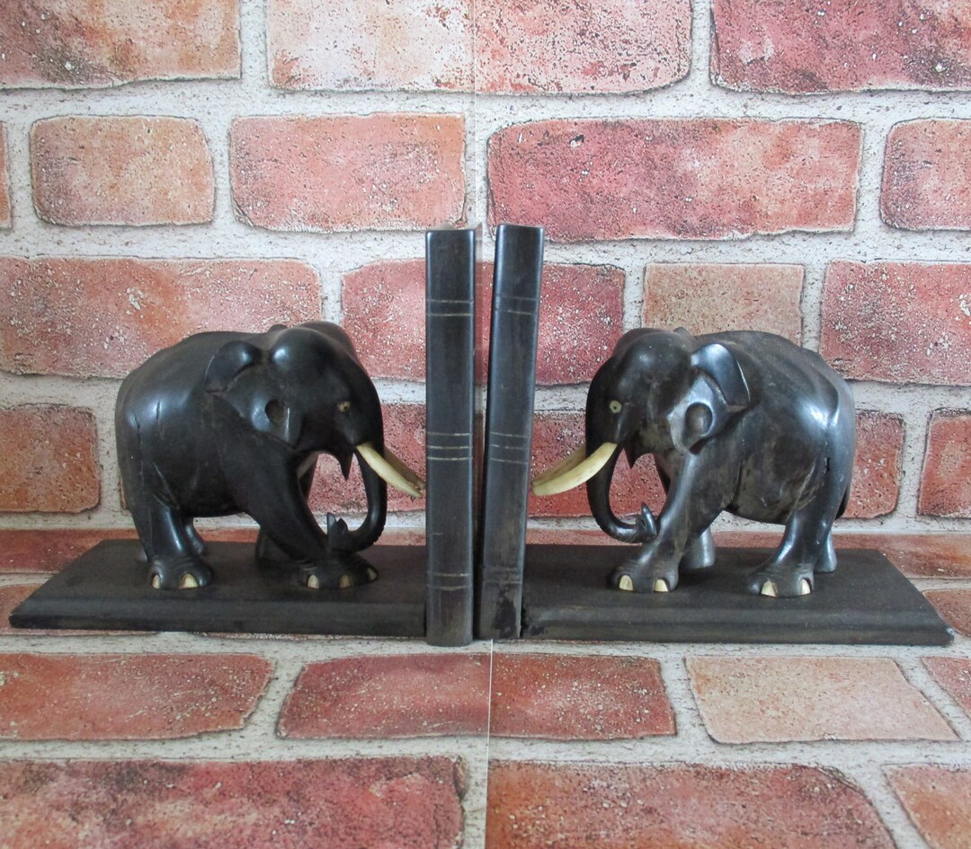 Vintage Carved Elephant Bookends, Dovetailed Wood Elephant Bookends, as ...