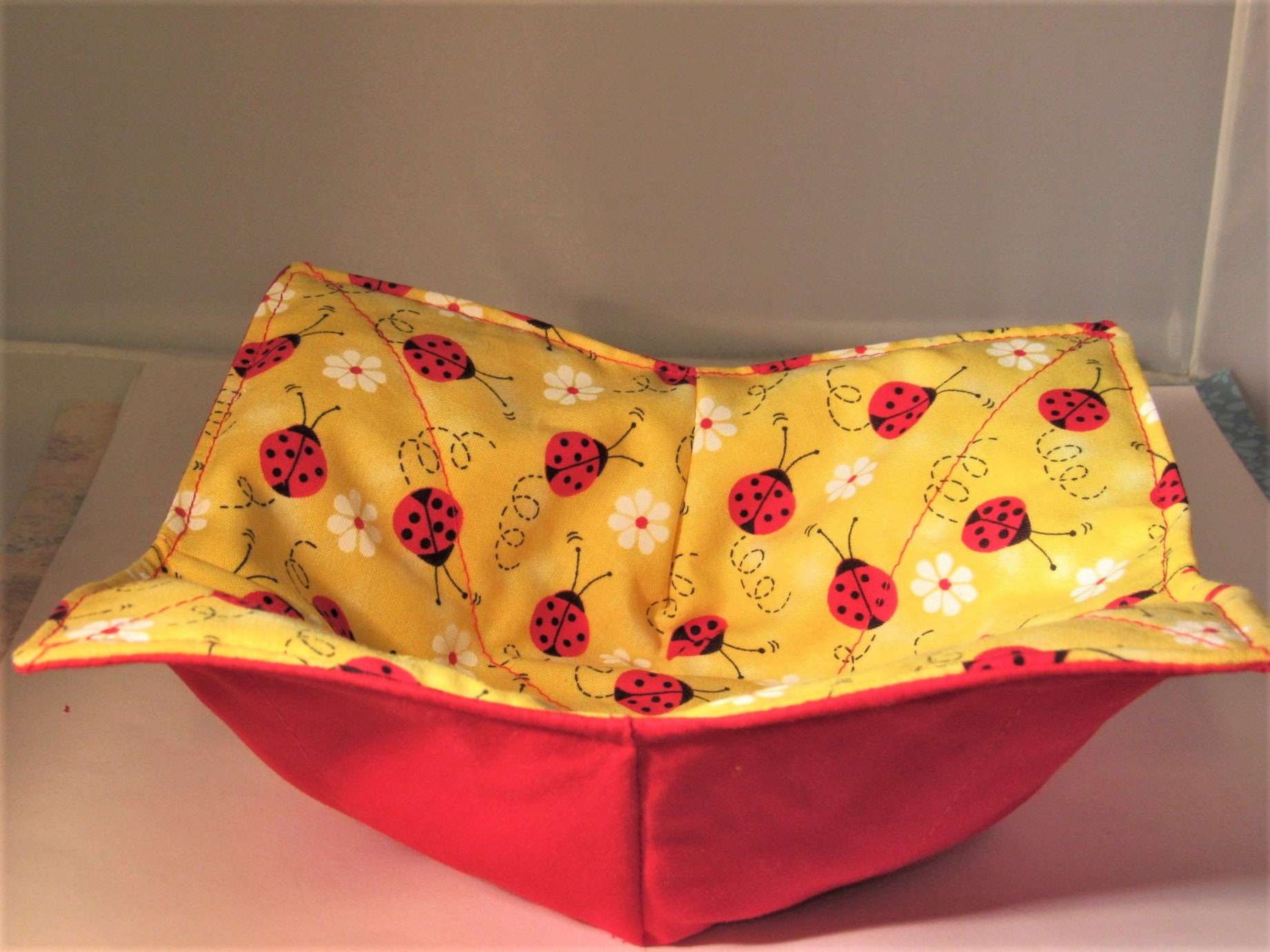Red Lady Bug With Yellow Background Reversible Bowl Cozy - Etsy