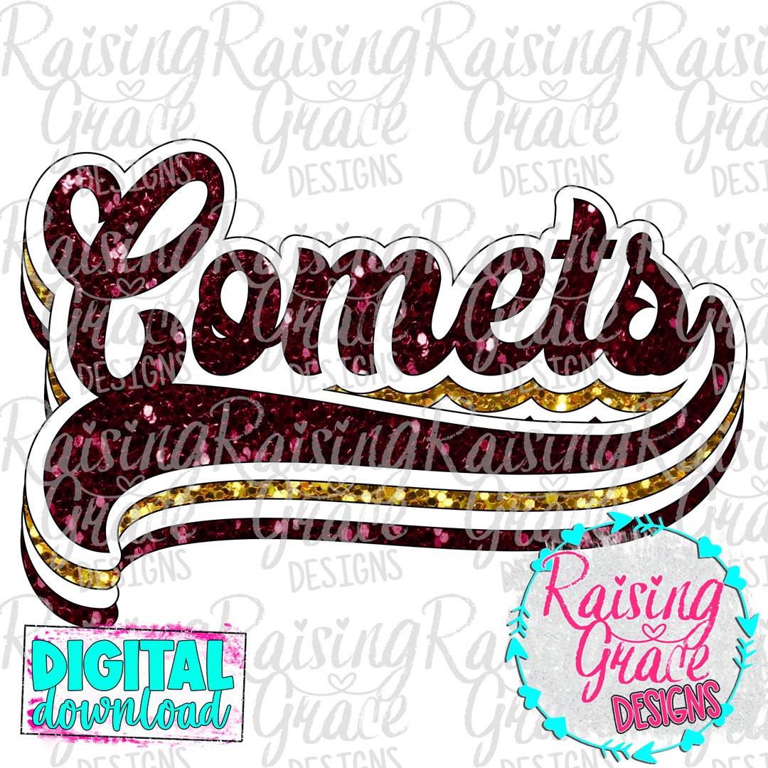 Comets Retro Maroon Glitter, White, and Gold Glitter Sublimation Design ...