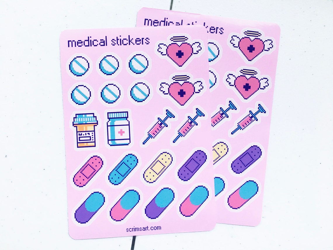 Medical Sticker Sheet | Kawaii Pastel Pink Cute Pill Bandage Syringe ...