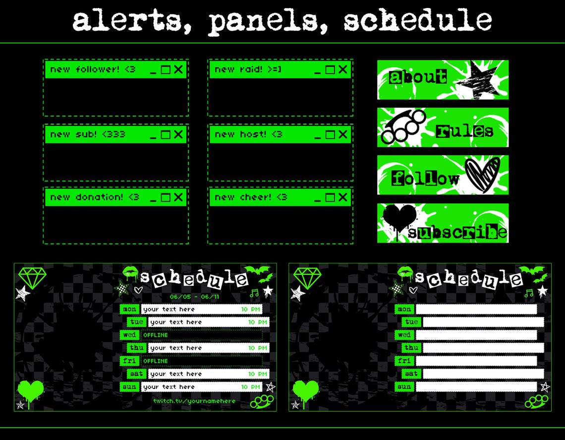 Emo Animated Stream Package GREEN | Twitch Overlay | Black Custom ...