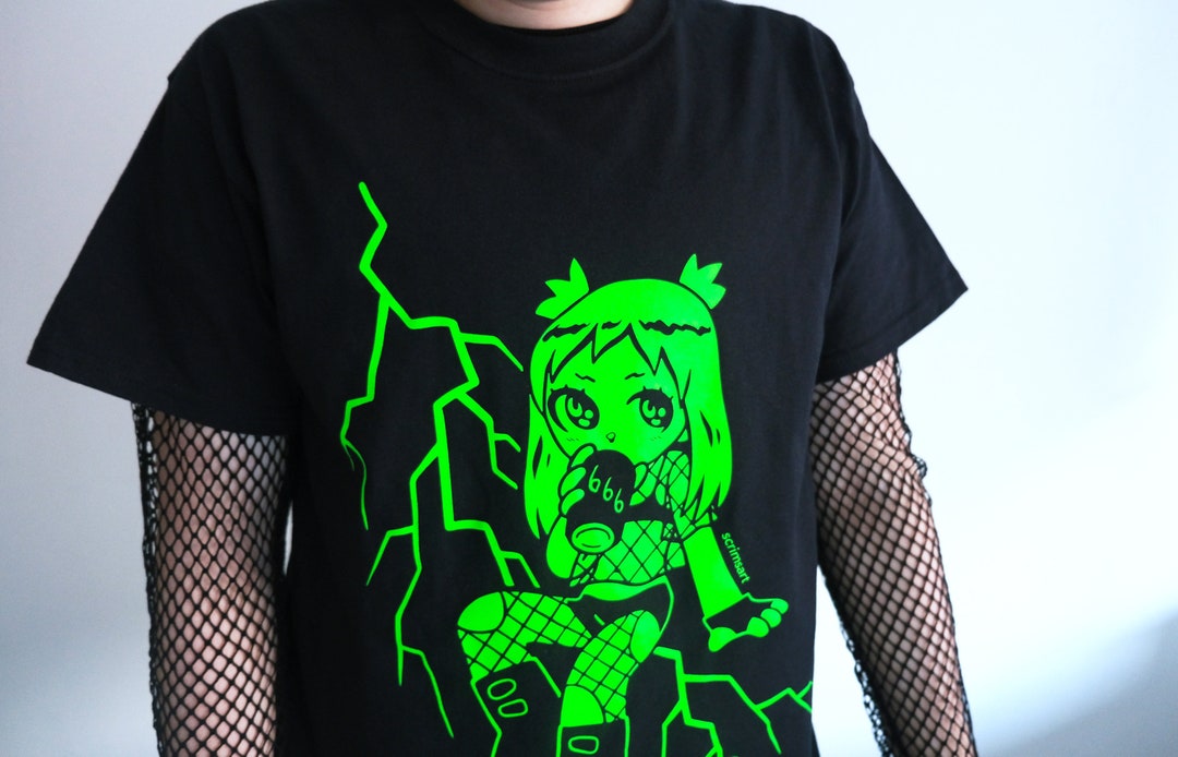 Neon Goth Girl T-shirt Lime Green Black Scenecore Emo Scene Cyber Raver ...