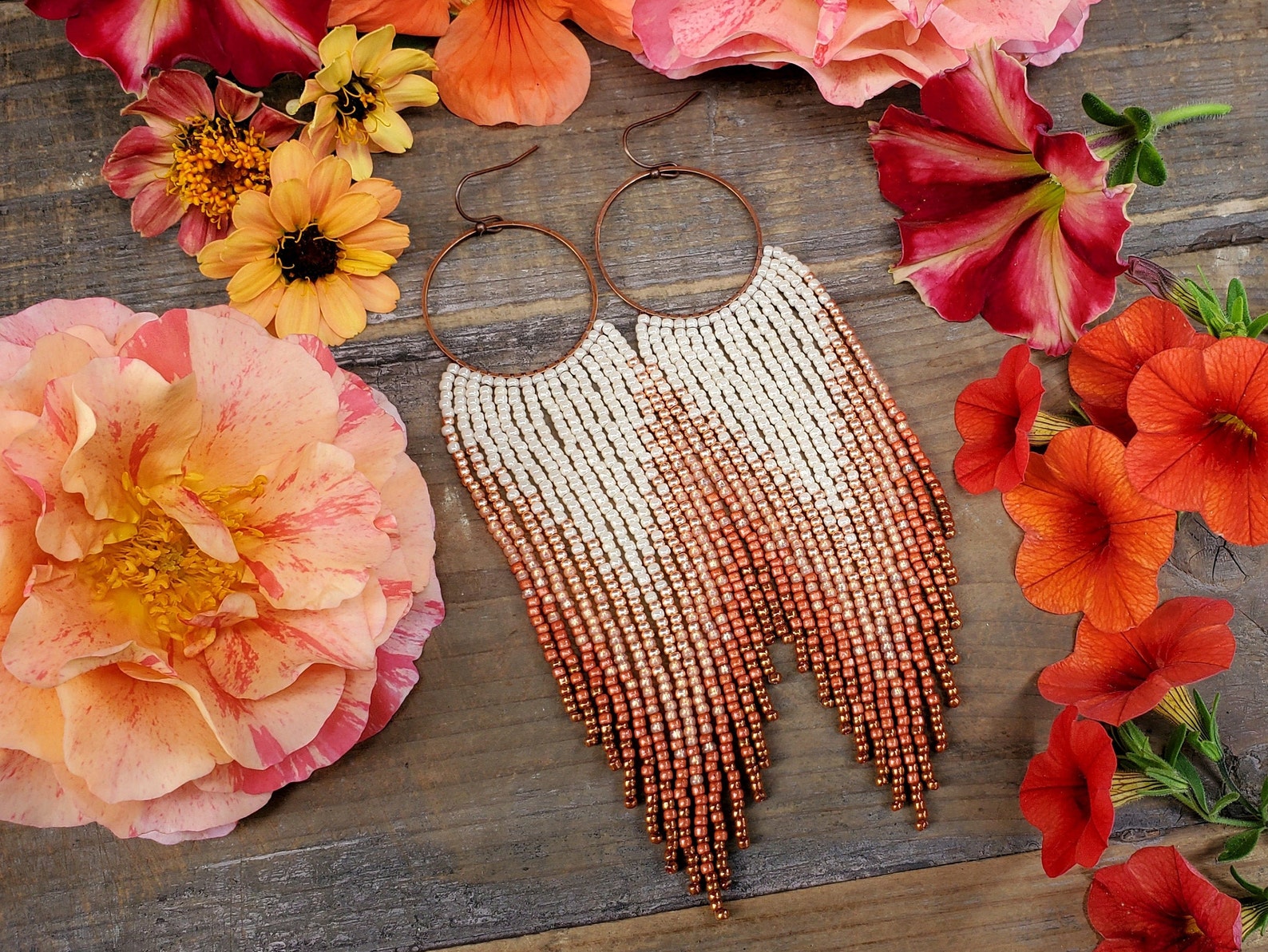 Beaded Peach Fringe Earrings on Copper Hoops; 'hot Summer Nights' - Etsy