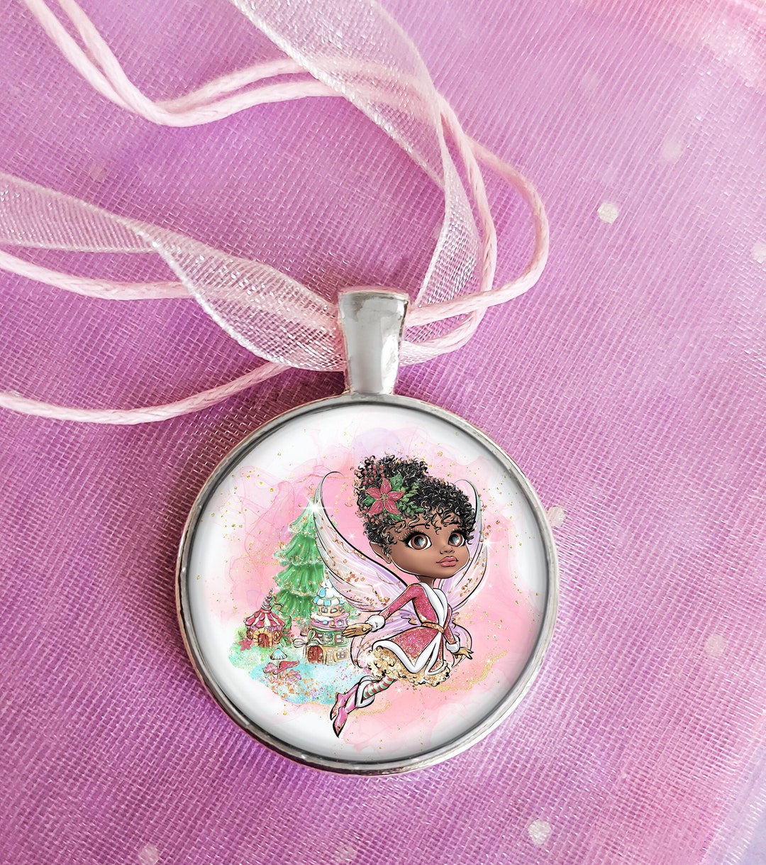 Pink Fairy Necklace, African American Fairy Charm Necklace, Fairy Princess Pendant Ribbon ...