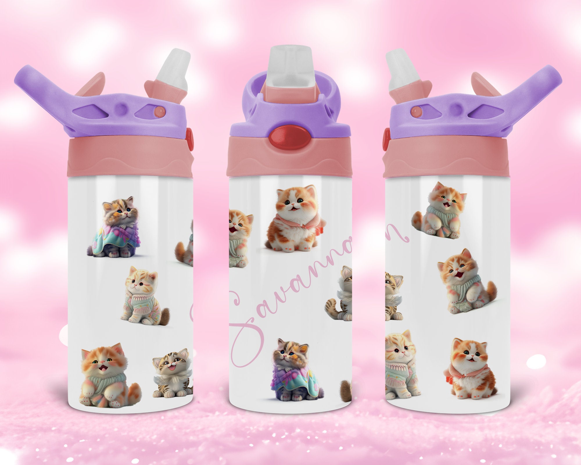 Kids Personalized Water Bottle Embellished With Cute Furry Kitties, 16 ...