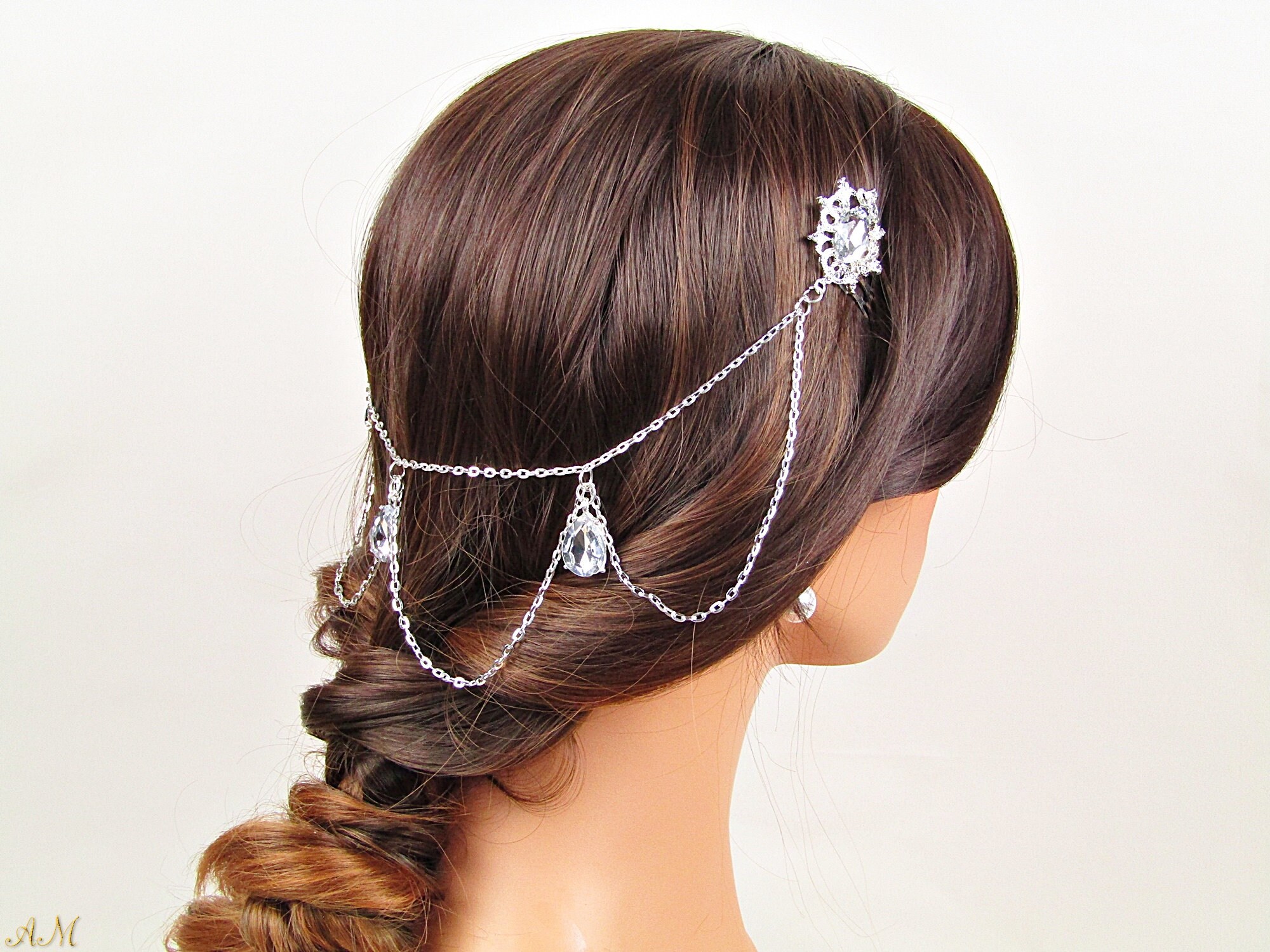 Silver Bridal Hair Chain Boho Head Chain Drape Bridal | Etsy