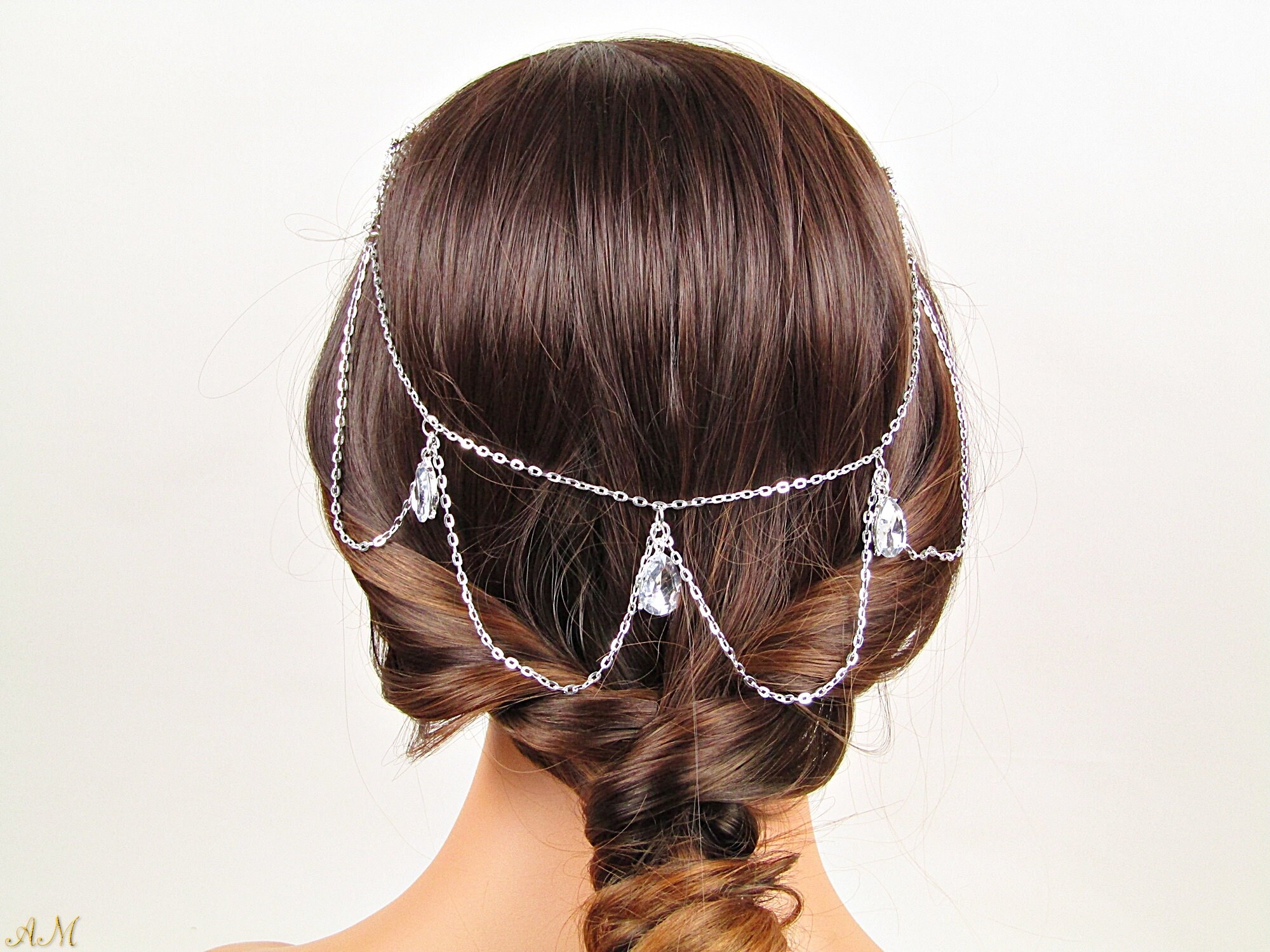 Silver Bridal Hair Chain Boho Head Chain Drape Bridal | Etsy