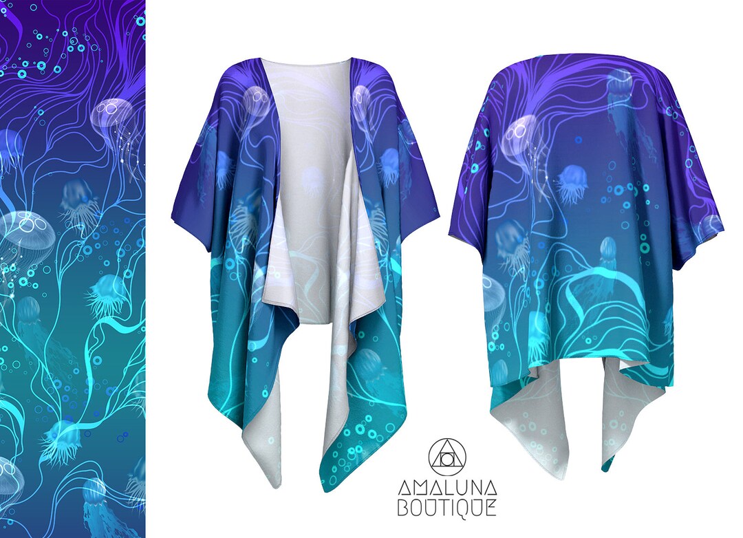 Under the Sea Kimono, Ocean Jellyfish Cardigan, Blue Beach Cover Up ...