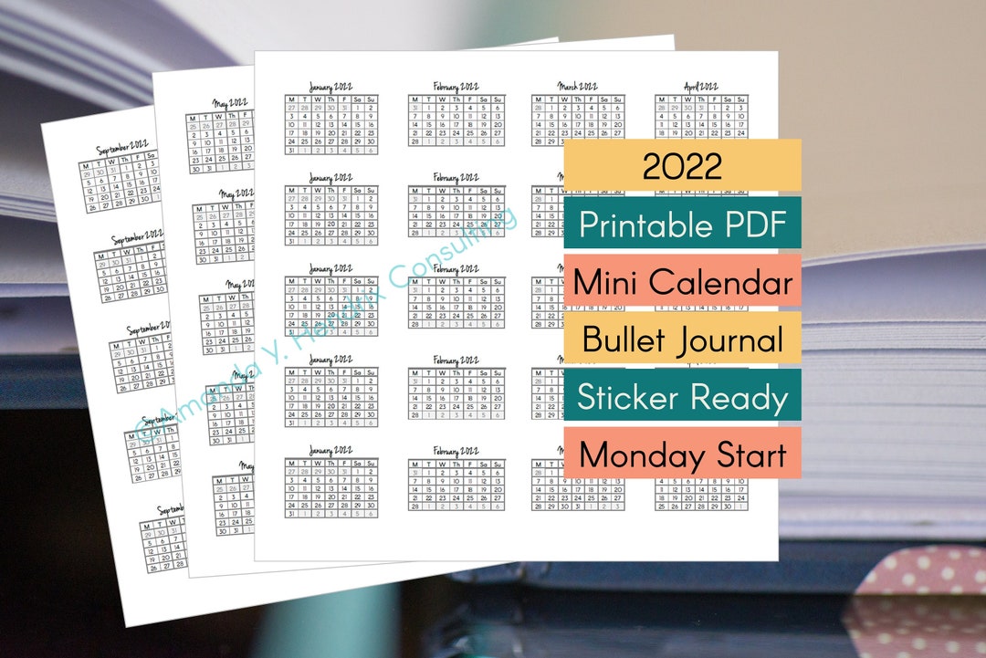 2022 Mini Calendars for Bullet Journal Weekly Layouts Monday Start ...