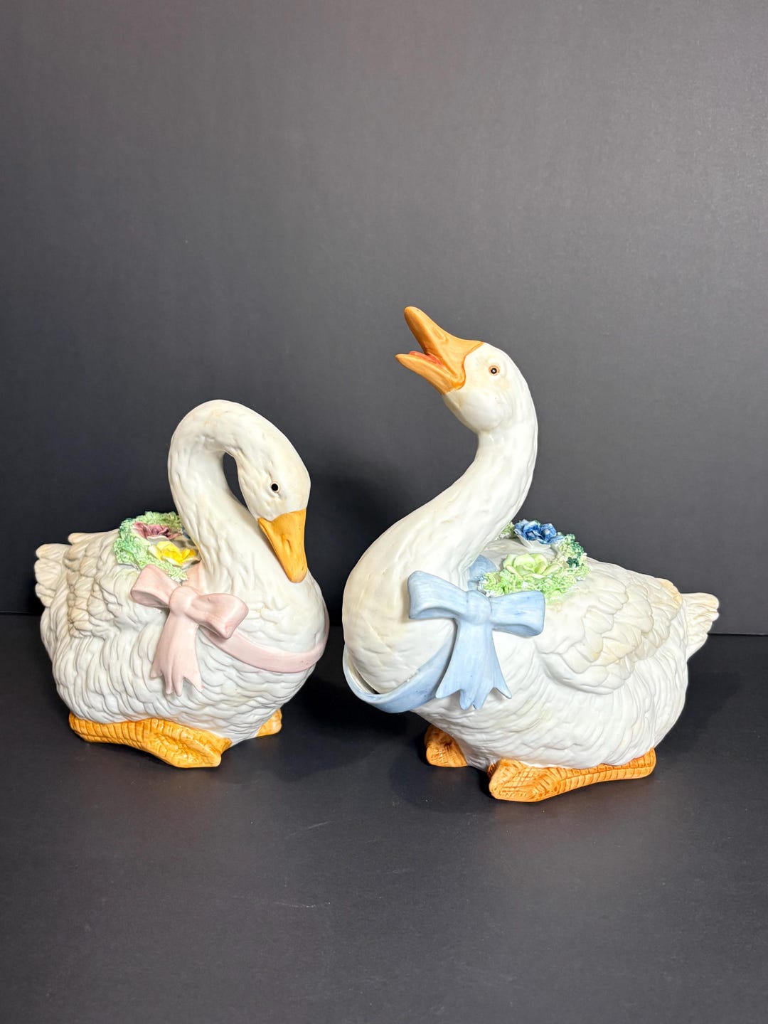 Vintage Ceramic Figurines - Pair of Geese With Floral and Bow ...