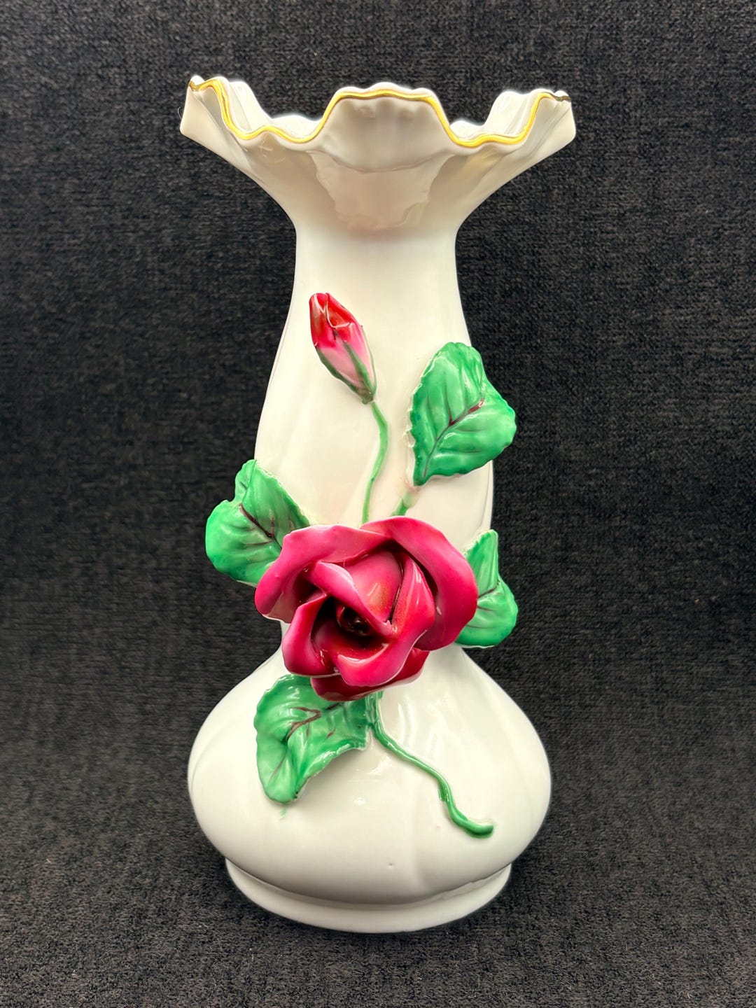 Vintage Lefton China Bud Vase With Applied Red Roses, Riffled Rim, and ...