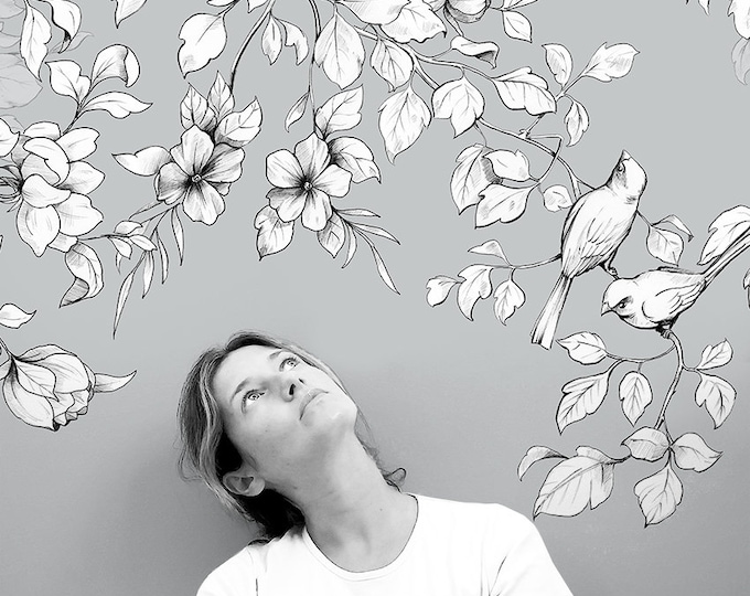 Sketch Nature Mural, Sketch Flowers Wallpaper, Draw Botanic Mural, Draw ...