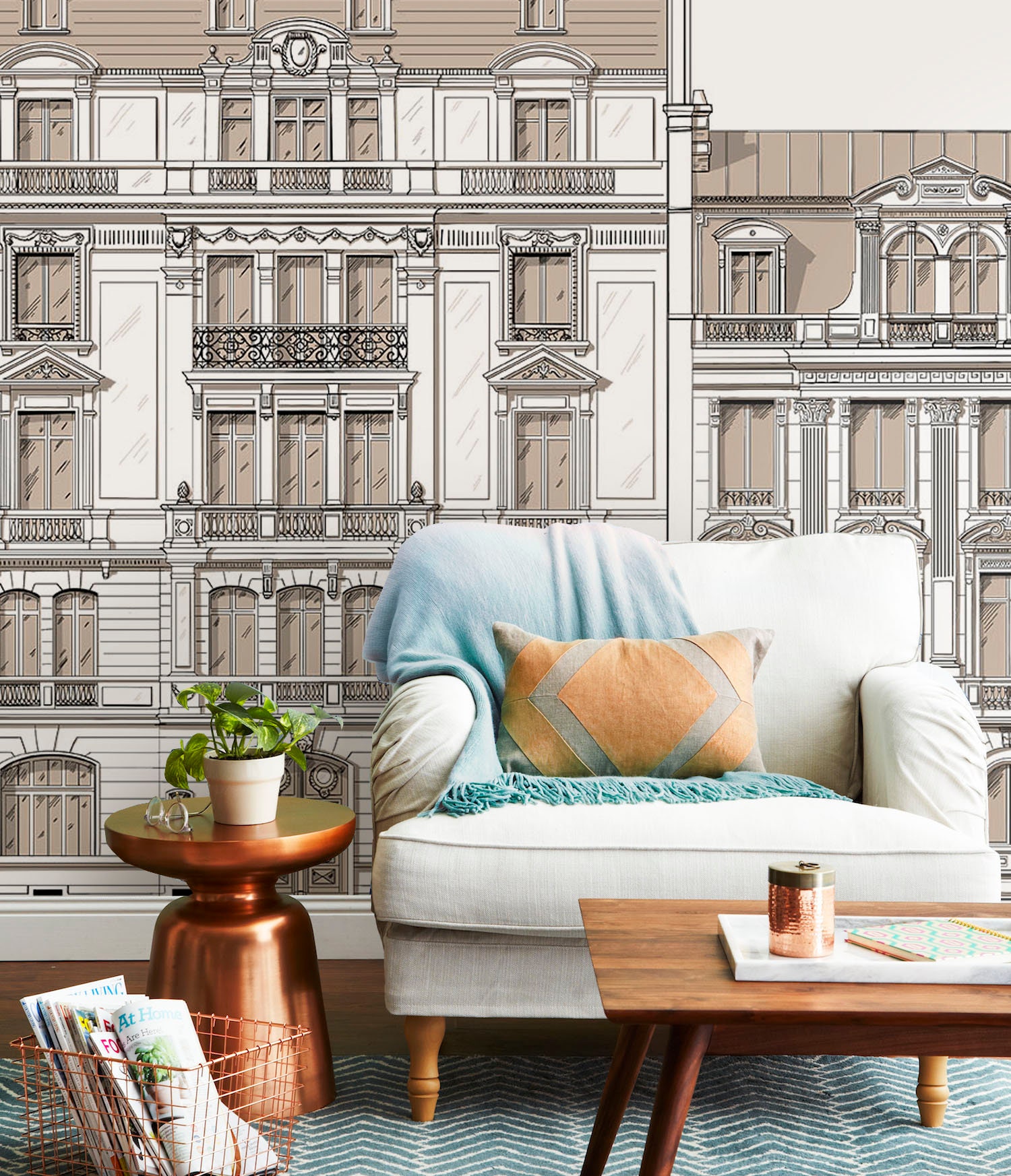 Wallpaper With Palatial Buildings - Mural With Buildings and Hot Air ...