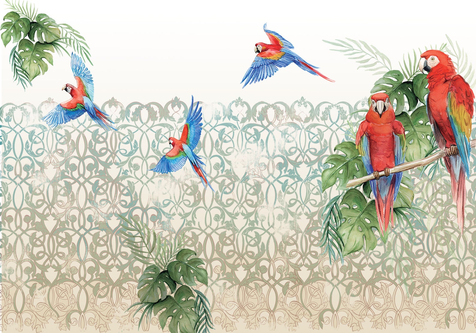 Floral Wallpaper Parrots Art Nouveau and Parrots Mural Art - Etsy
