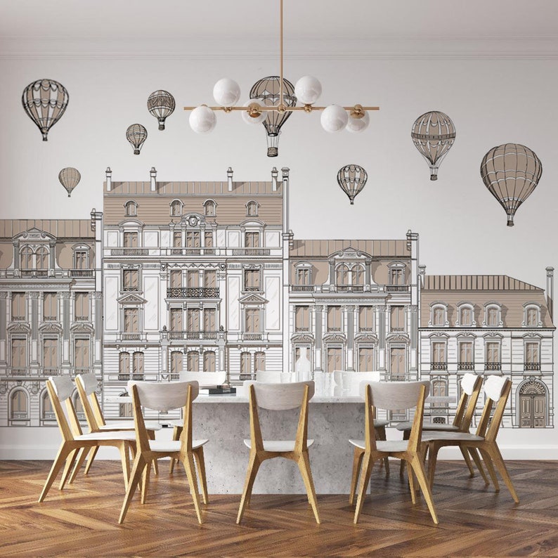 Wallpaper With Palatial Buildings - Mural With Buildings and Hot Air ...