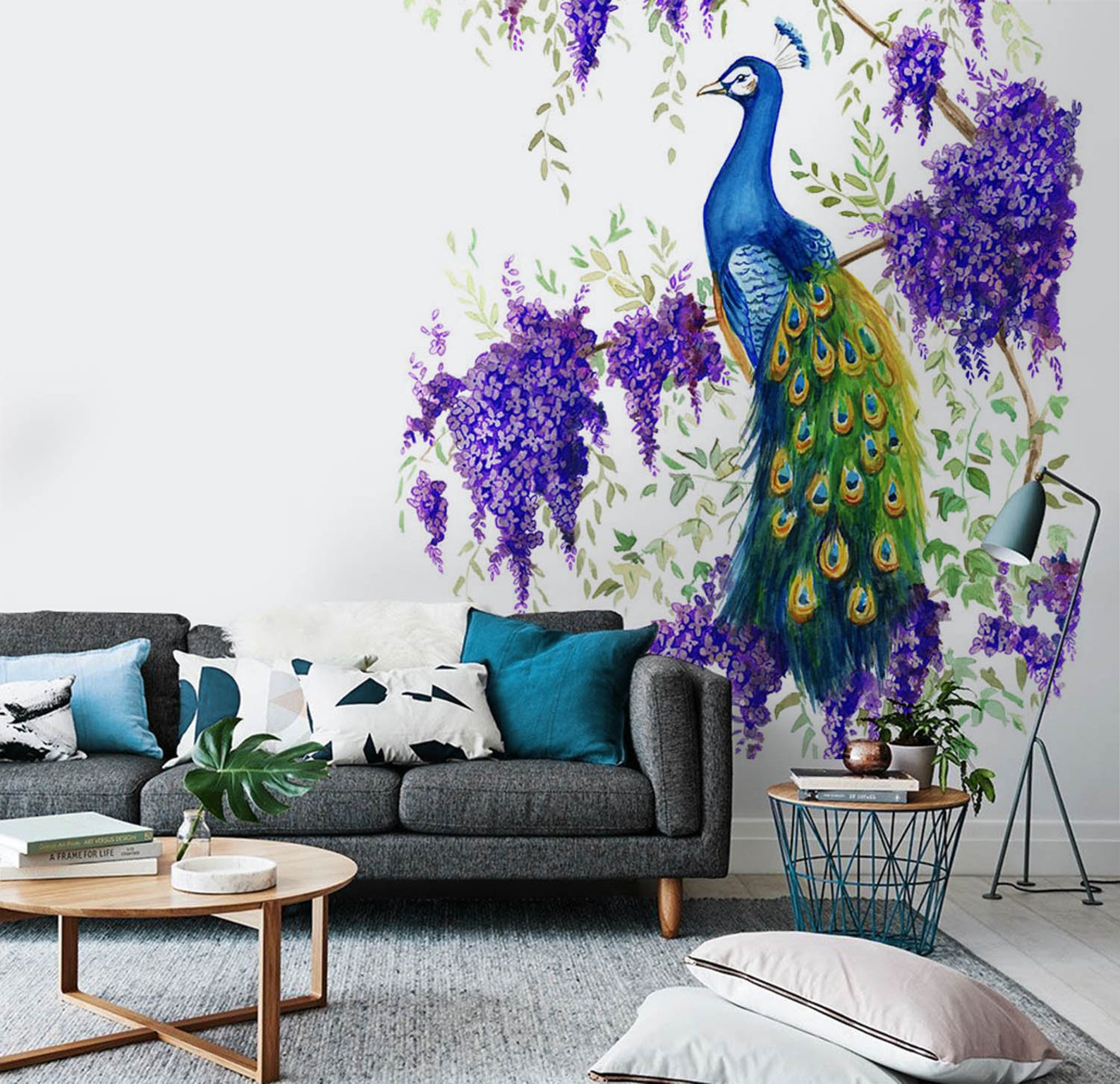 Peacock Wallpaper Mural Bird & Flowers Wallpaper Lilacs - Etsy