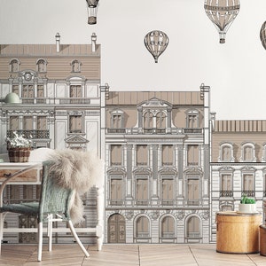 Wallpaper With Palatial Buildings - Mural With Buildings and Hot Air ...